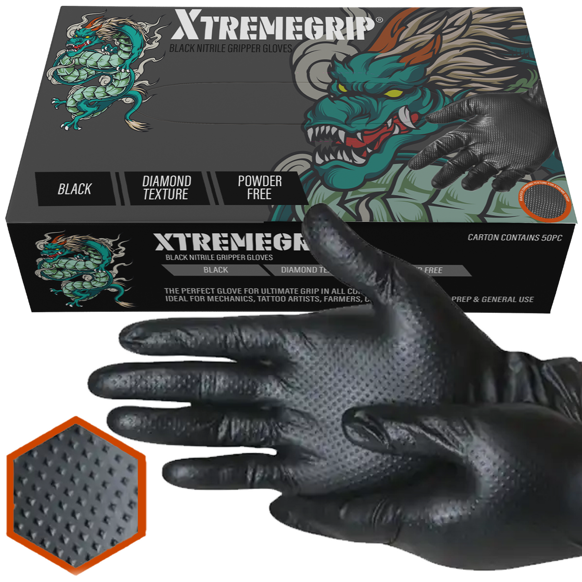 Xtremegrip Black Nitrile Gloves, Pack Of 50 Diamond Texture Grip Glove ...